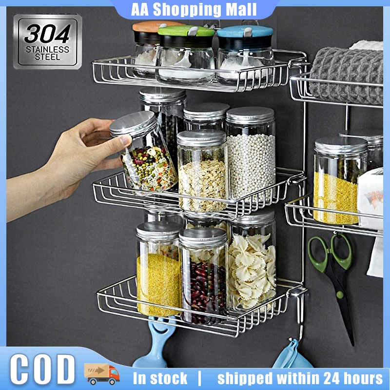304 Stainless Steel Kitchen Storage Shelf Condiment Rack Organizer Wall ...
