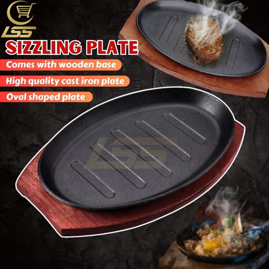 Efeq Oval Sizzling Plate With Wooden Base Sisig Plate Cast Iron Pan ...