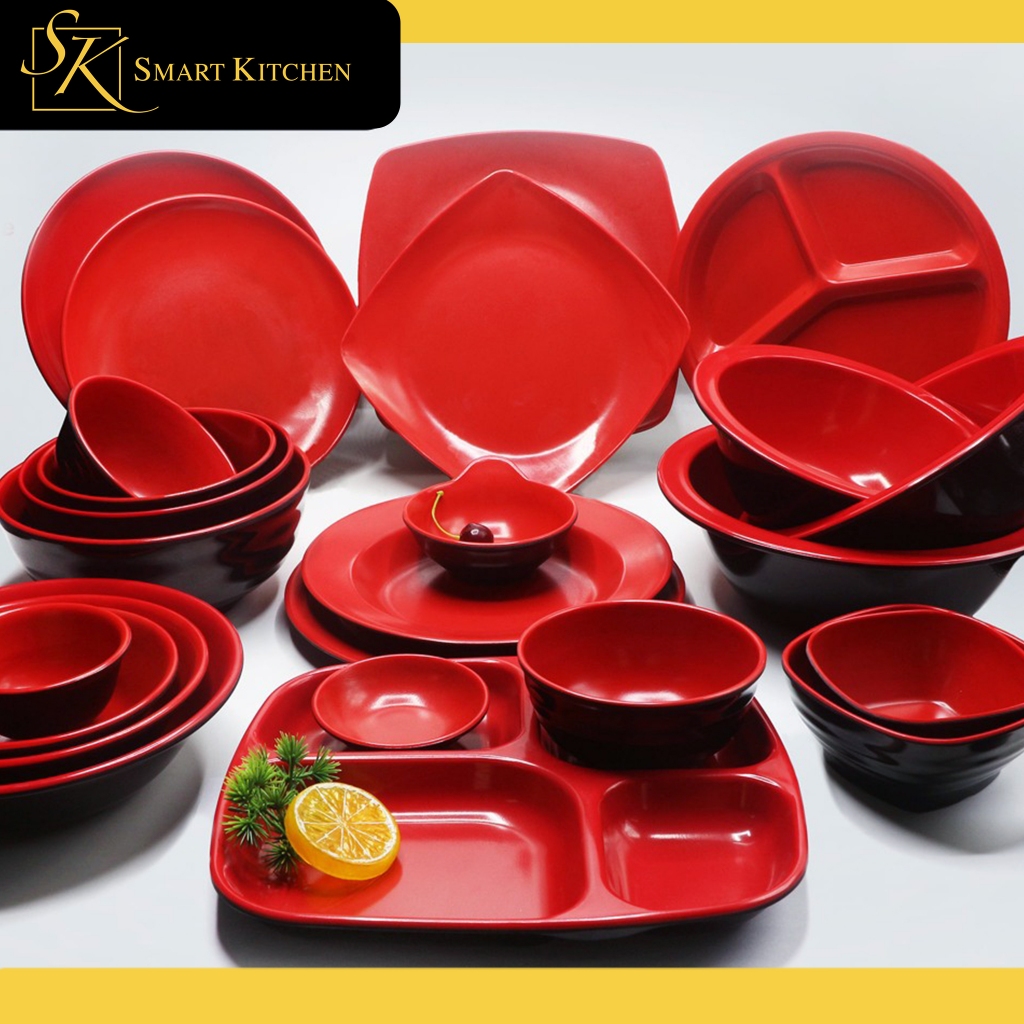 Smart Kitchen Red Black Melamine Dinnerware dining meat plate, soup ...