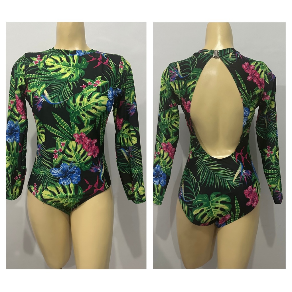 One Piece Swim Sprty Tropical Print Cut Out Swimsuit Large Shopee