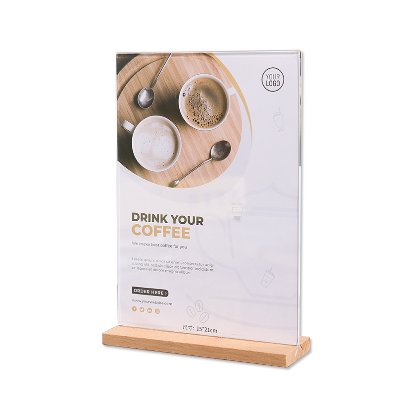 Round wood base sign holder A6 acrylic price stand table menu holder ...