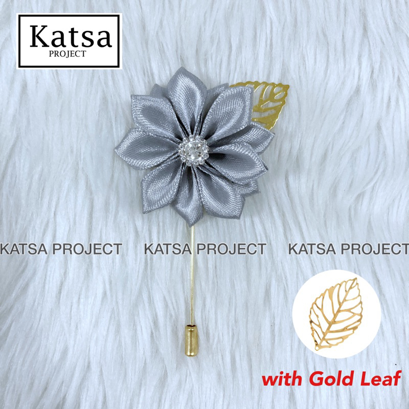 Flower Brooch Satin with Crystal and Gold leaf for bridesmaid groomsmen ...