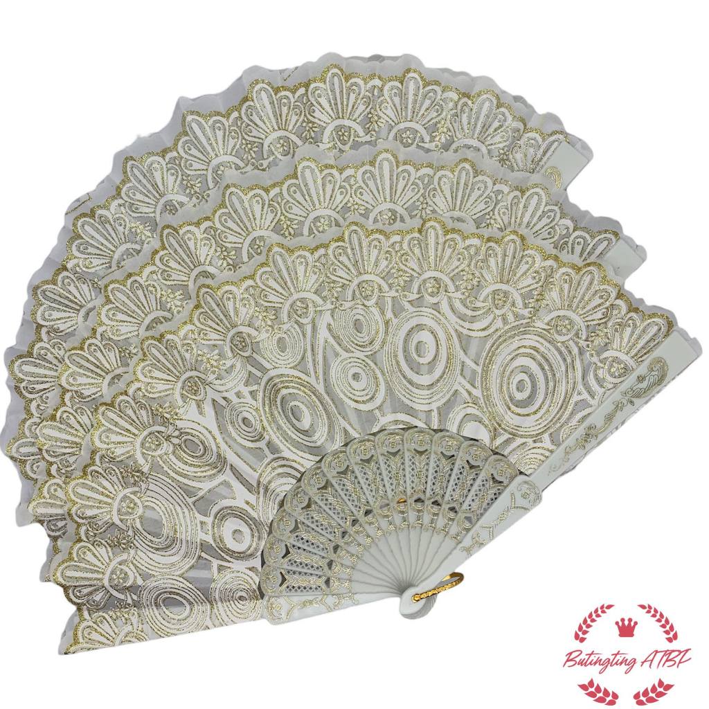 【BTT】White plastic handle pamaypay gold glitters style hand fan ...