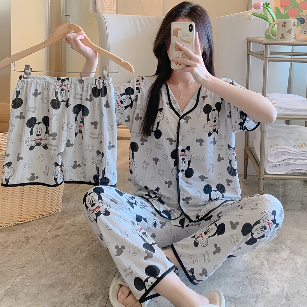 Manio Fashion M-2XL 3 in 1 loungewear stripe design short sleeves pajamas for woman | Shopee ...