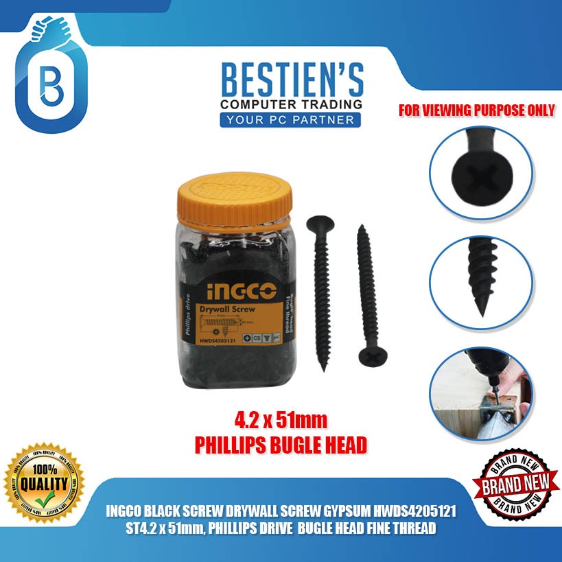 INGCO BLACK SCREW DRYWALL SCREW GYPSUM HWDS4205121 ST4.2x51mm, PHILLIPS ...