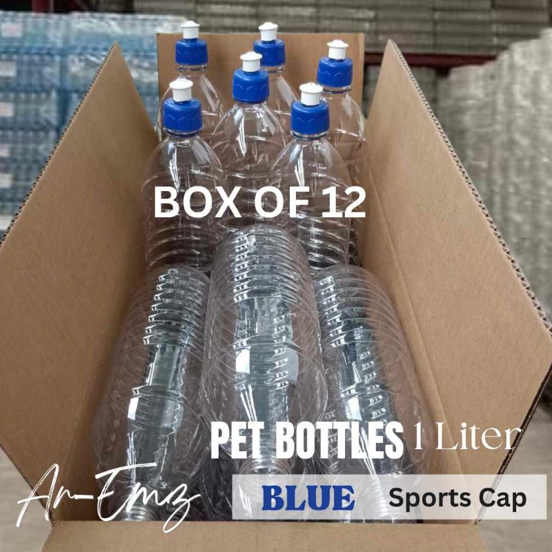 Ar-Emz Box of 12 Empty Plastic Bottles 1 Liter With Blue Sports Caps ...