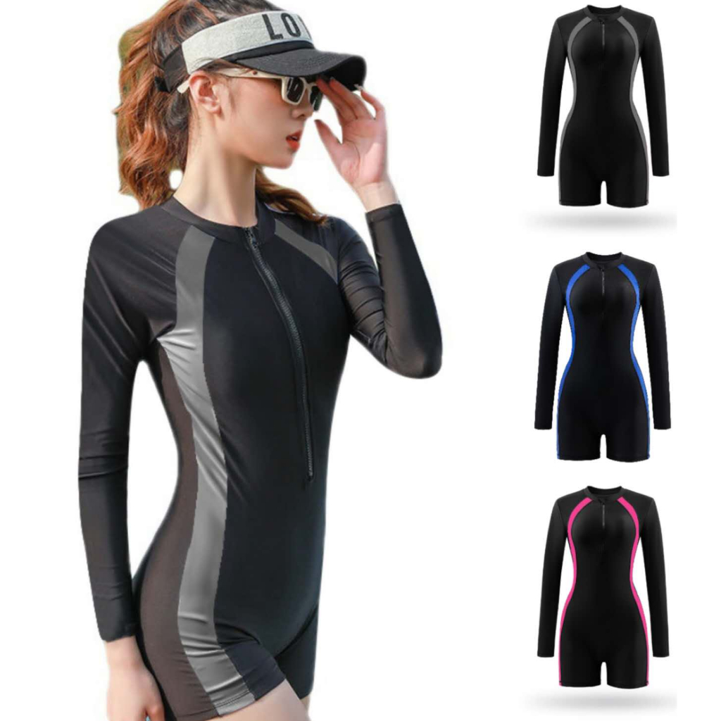 Enna Women's tight Plain zipper Swimwear rashguard long sleeve one ...