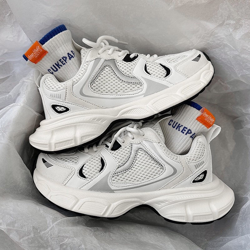 White Leather High Quality Mesh Thick Bottom Casual Chunky Sneakers ...