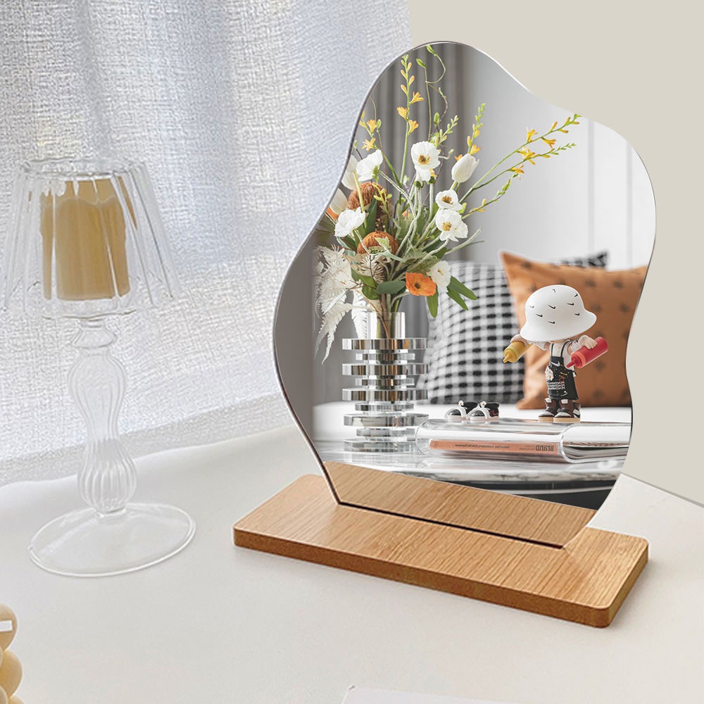 Aesthetic mirror irregular mirror acrylic mirror wooden bottom cosmetic ...