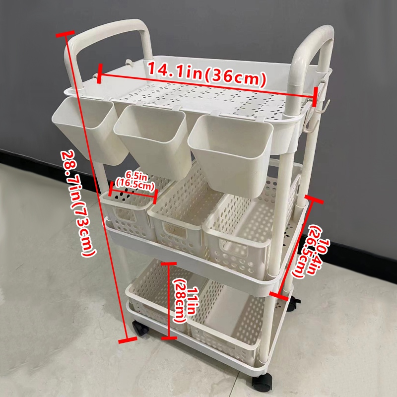 3 Tier Plastic Trolley Trolley Organizer with Handle Wheels and 3 ...