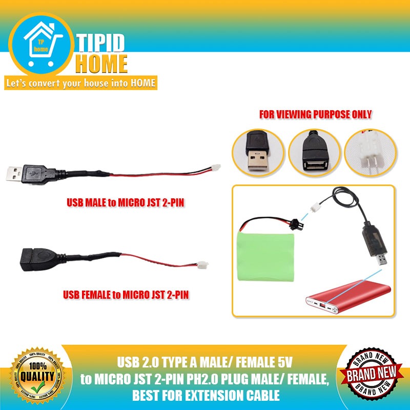 TIPID HOME USB 2.0 TYPE A MALE/ FEMALE 5V to MICRO JST 2-PIN PH2.0 PLUG ...