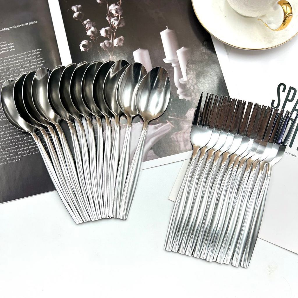 MC Mart】1 DOZEN Original Korea Stainless Steel Spoon & Fork 12 Pcs Tableware Spoon & Fork ...