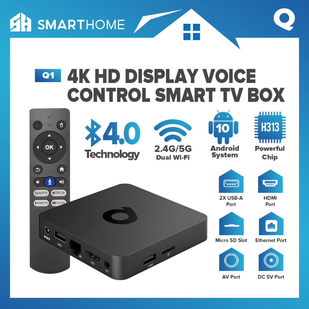 Q1 2+8GB Smart TV Box BT4.0 ATV Voice Remote 4K HD 2.4G & 5G Dual WiFi ...