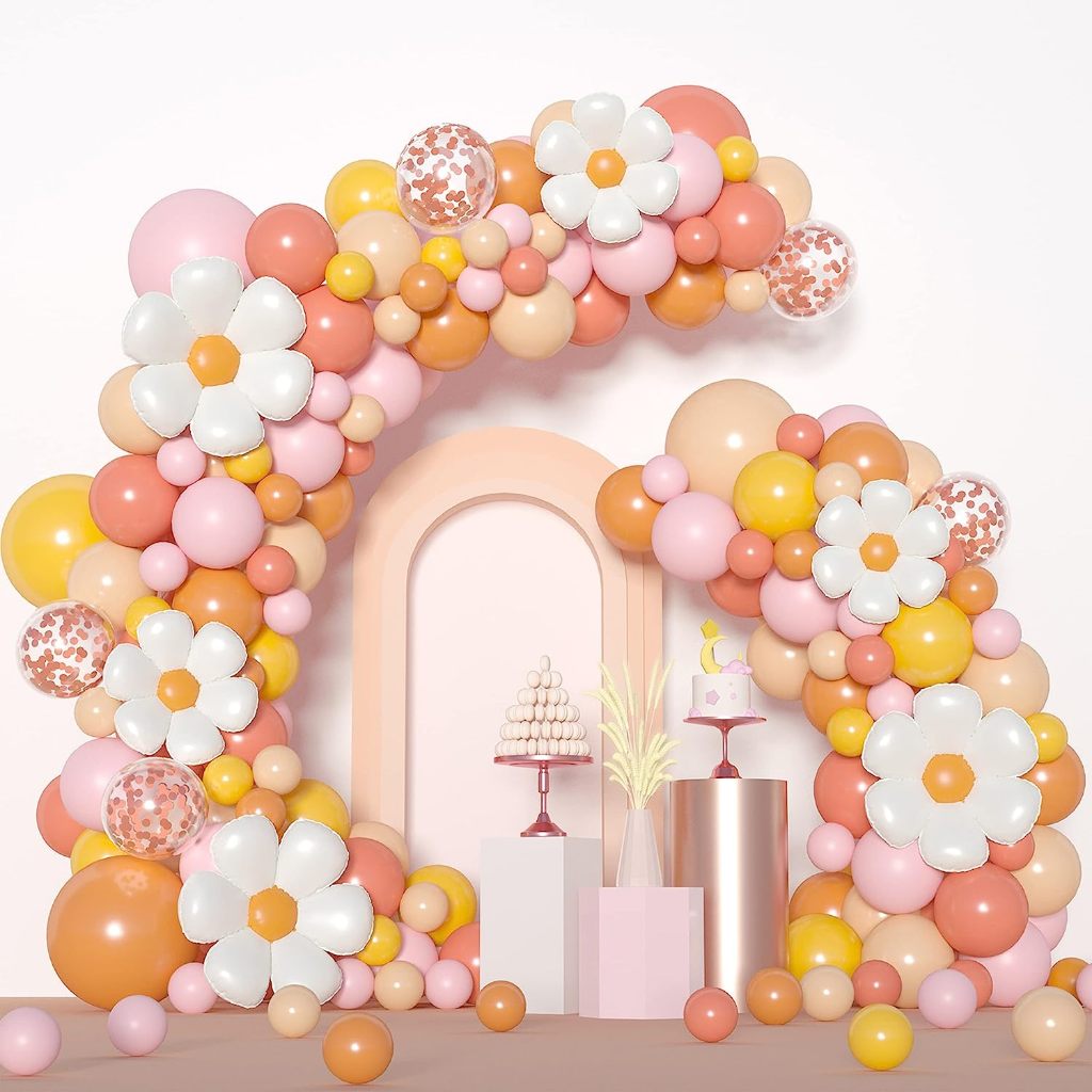 147Pcs Groovy Balloon Arch Kit with Daisy Flower Rose Gold Confetti ...