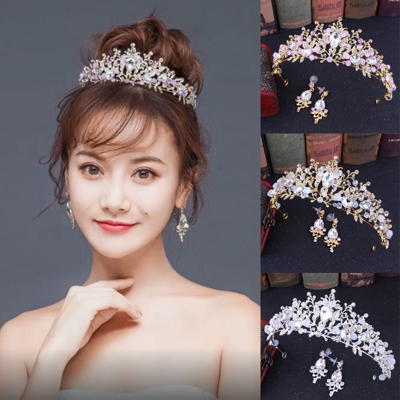 2pcs Pearl Bridal Crown Earring Set Crystal Wedding Party Queen Crown ...