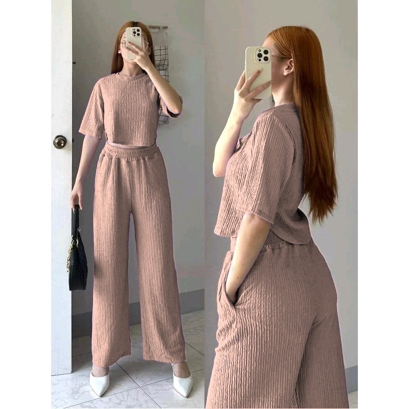 Elise Round Neck Croptop Bark Crepe Coordinates #2023138 | Shopee ...