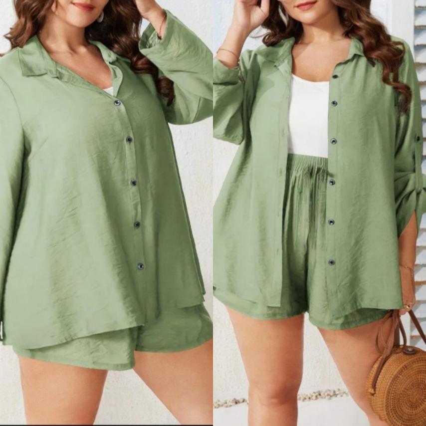 Plus Size Crumpled Challice Long Sleeve Polo and Shorts Terno ...