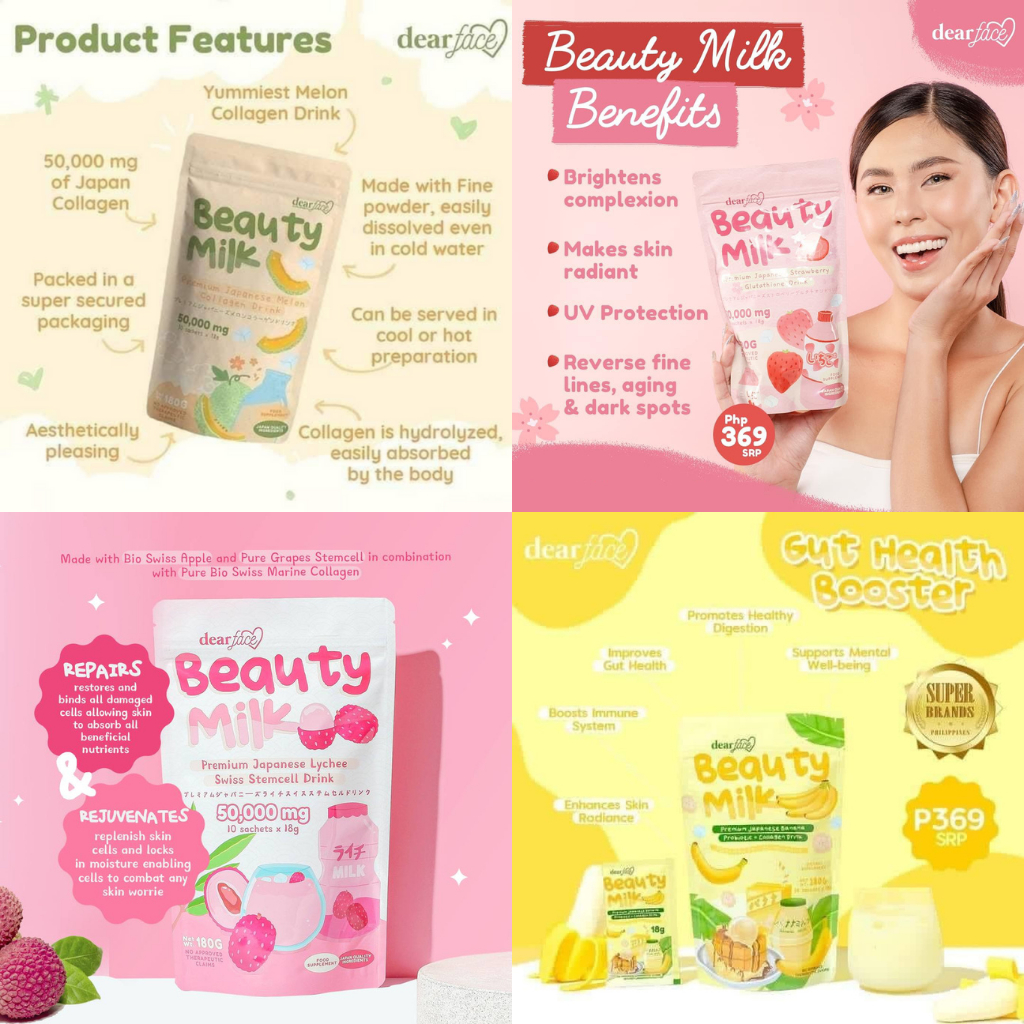 Dear Face Beauty Milk Collagen Drink (Melon, Strawberry, Lychee, Banana ...