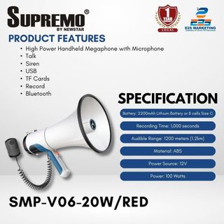 Supremo High Power Handheld Megaphone with Microphone 12V 100Watts SMP ...
