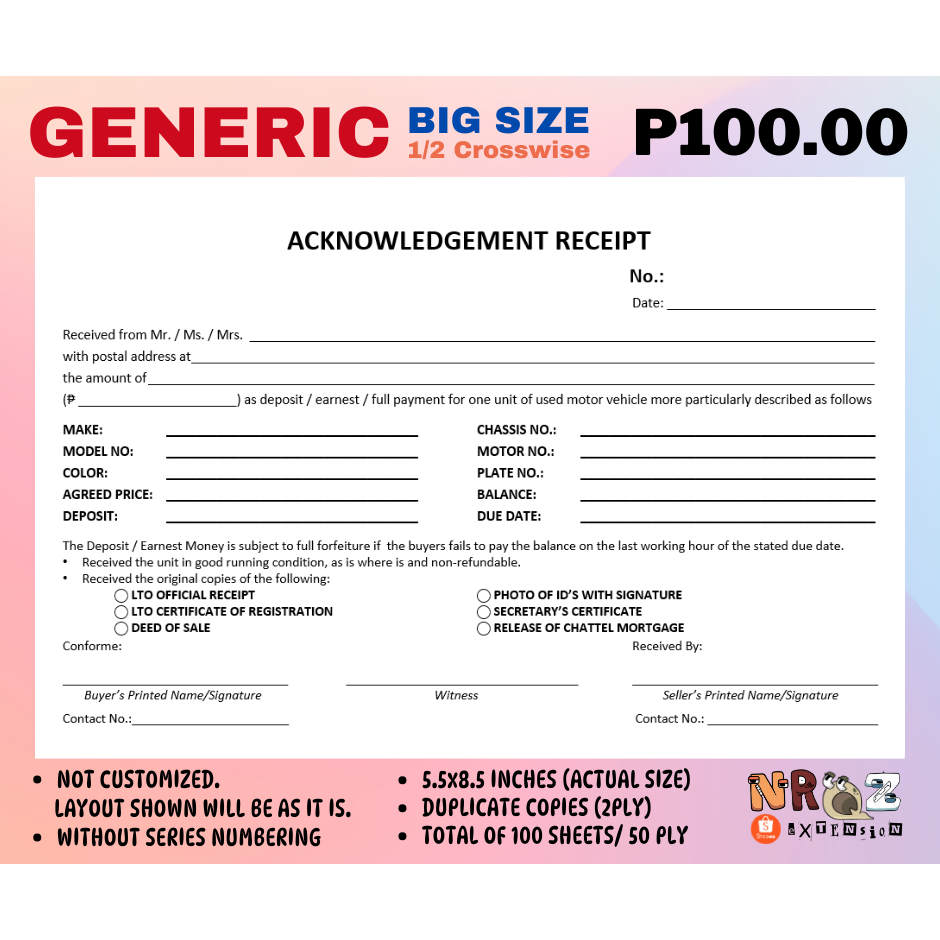 MOTOR SALES ACKNOWLEDGEMENT Carbonized GENERIC ONLY | Shopee Philippines