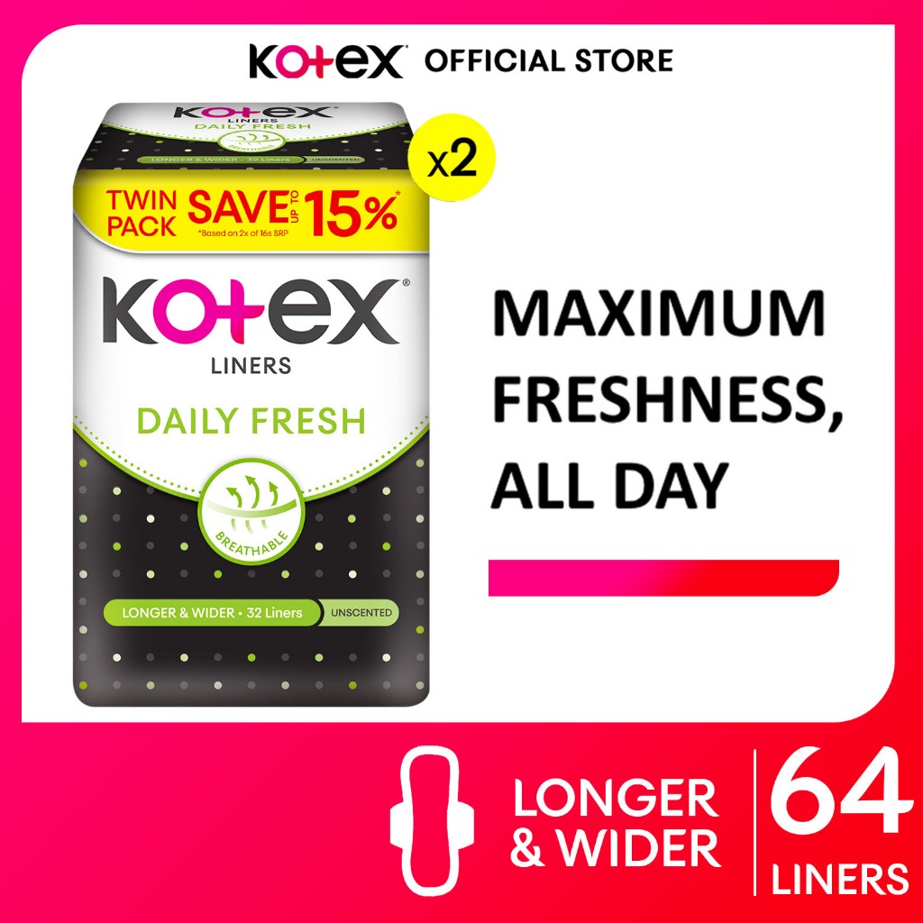 Kotex Daily Fresh Longer & Wider Liners 32 Liners X 2 Packs 64 Liners ...