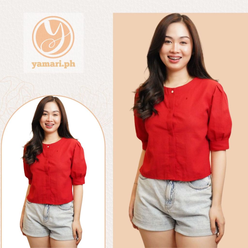 Yamari.PH Basic Casual linen round neck puffsleeves buttondown Polo top | VANESSA | Shopee ...