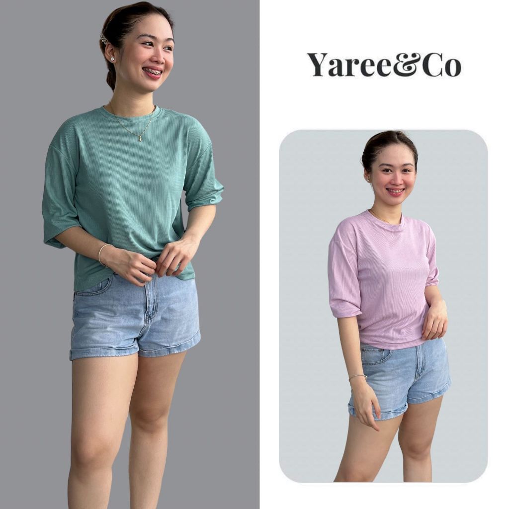 Yaree&Co. Jade Drop Shoulder 3/4 Sleeves Waffle Knit T-shirt Top ...