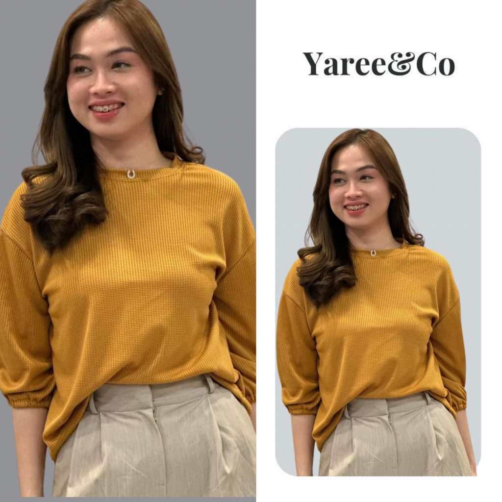 Yaree&Co. Jade Drop Shoulder 3/4 Sleeves Waffle Knit T-shirt Top ...
