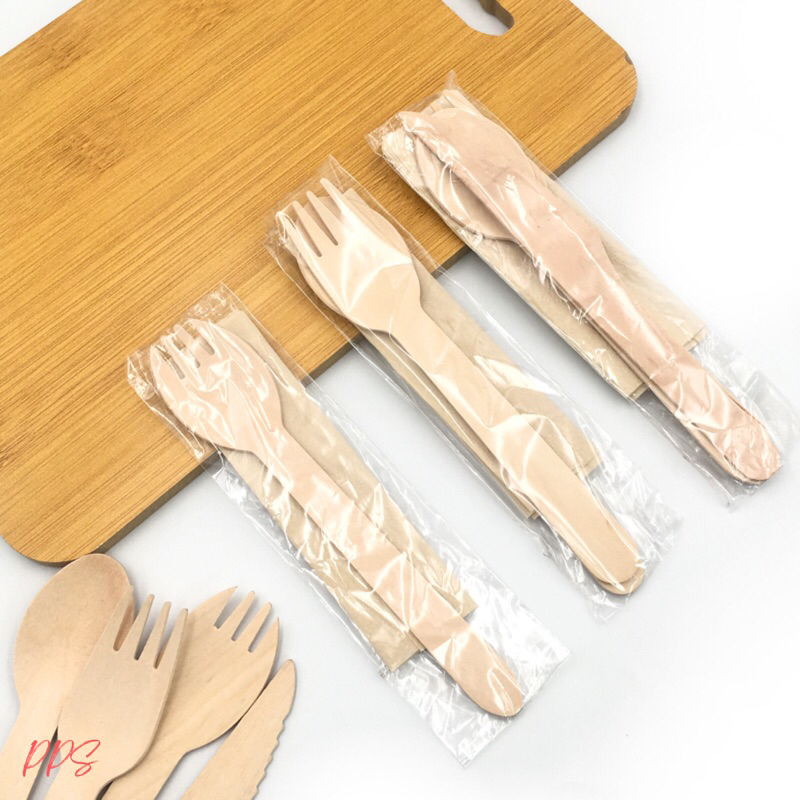 Wooden Cutlery Set Spoon, Fork, Knife & Spork, Tissue in a Pack-25 sets ...