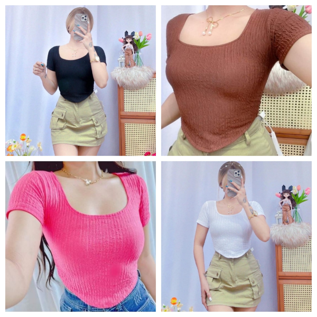 COD Bark Crepe Fabric Shirt Preppy Hanky Hem Blouse Square Neck Bandana ...