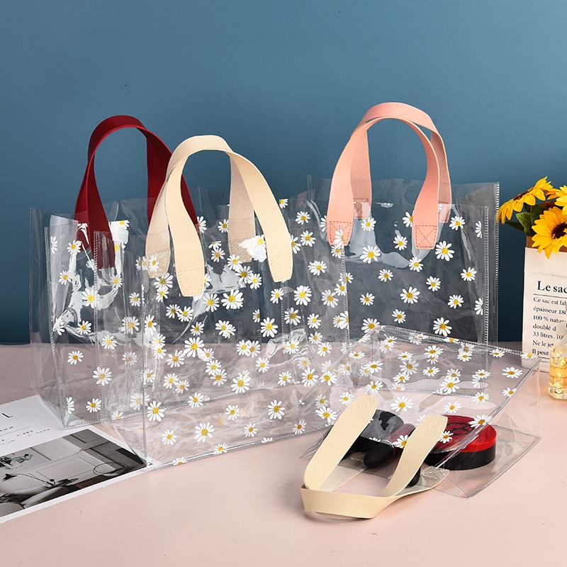 WHITE DAISY PRINTED Design Transparent PVC Tote Bag Packaging for Gifts ...