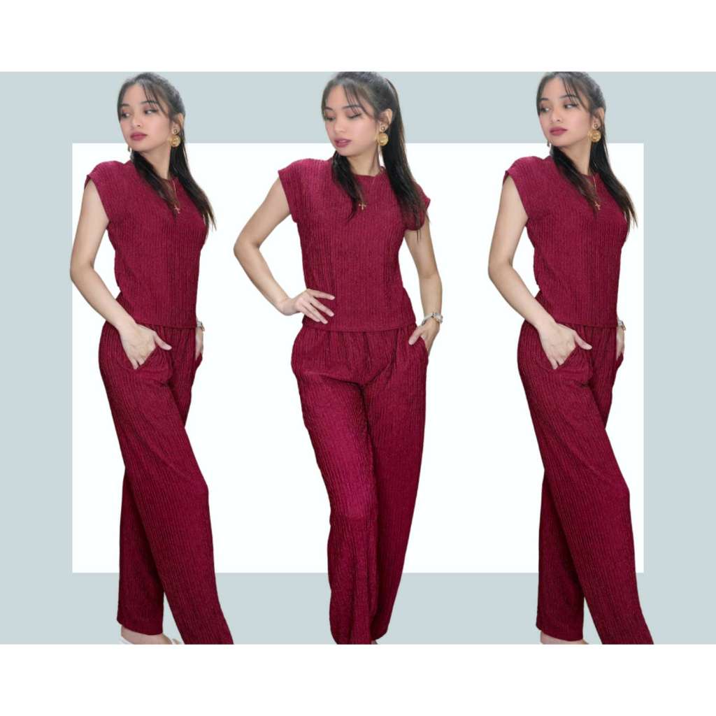 Jenny Plain Basic Round Neck Top Continues Terno Pants Coords Set Trendy Women Casual Short ...