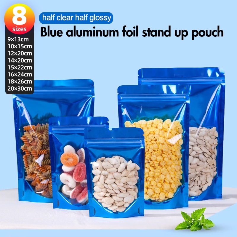 100pcs Half Blue Aluminum Half Clear Stand Up Pouch Resealable Packaging Resealable Pouch ...