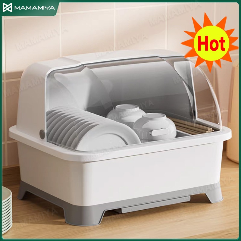 Plastic Dish Rack With Lid and Drainer Dust-proof Multifunction Storage Kitchenware Organizer ...