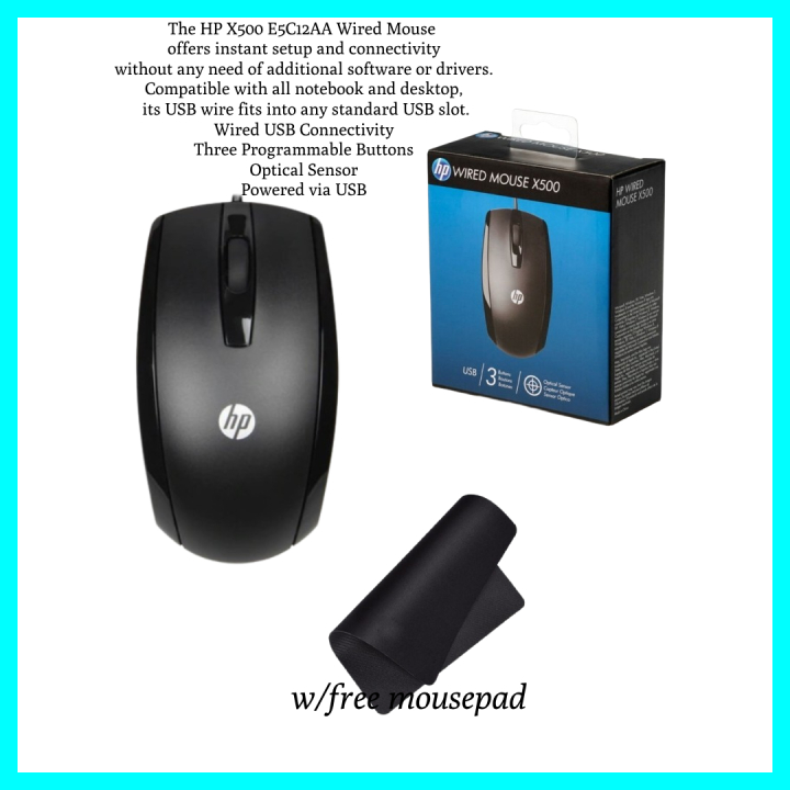 HP X500 Optical Wired USB Mouse Black 3 Buttons Windows XP Vista 7 8 10 ...