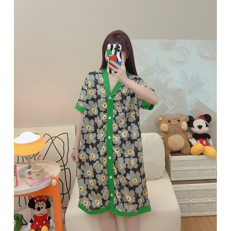 Korean style Daster cotton V-neck cardigan fashionable nightgown ...