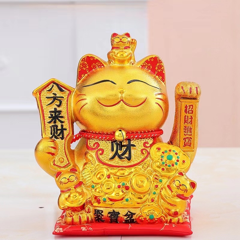 MANEKI NEKO. WAIVING CAT Ceramic (lucky cat) gold color home new house ...