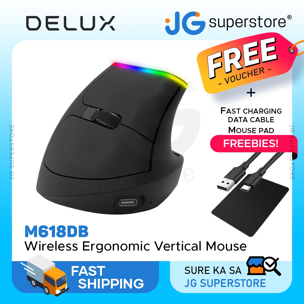 Delux M618DB Wireless Bluetooth Ergonomic Vertical Mouse Silent Click RGB w/ Mute Button ...