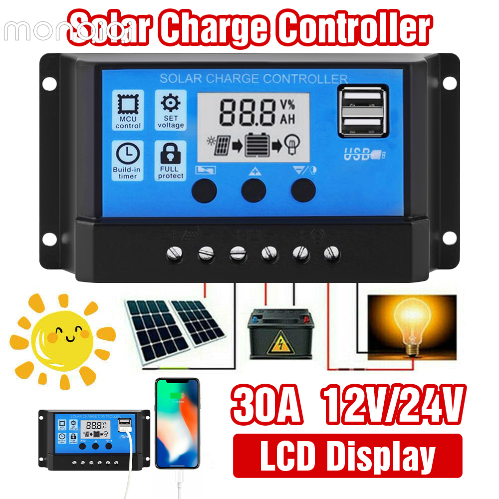 10/20/30/60A PWM 12V/24V Solar Panel Regulator Charge Controller battery charger LCD Display USB ...