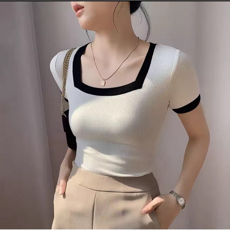 3Js Fashion Contrast Binding Square Neck Tee Full Length T Shirt For ...