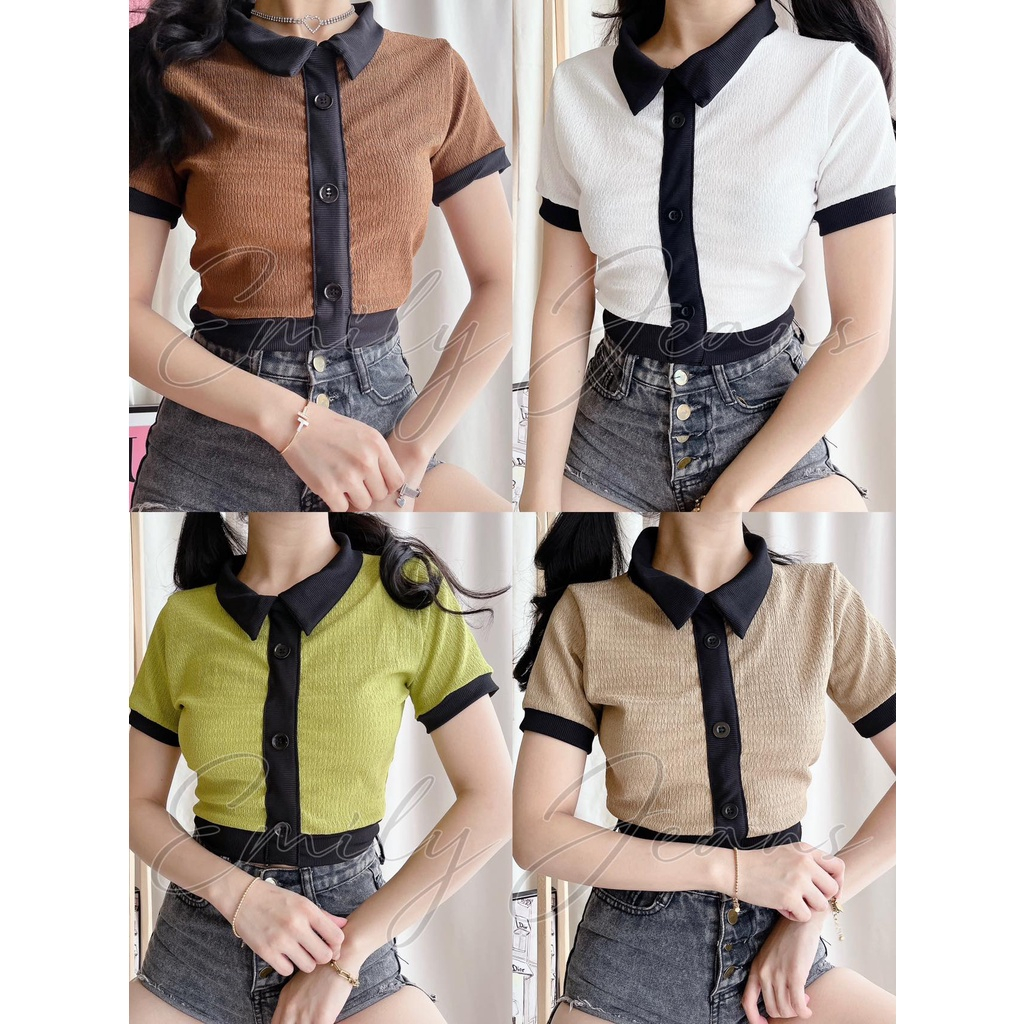 EMILY Korean Polo Collar Crop Top New Trend 10750 | Shopee Philippines