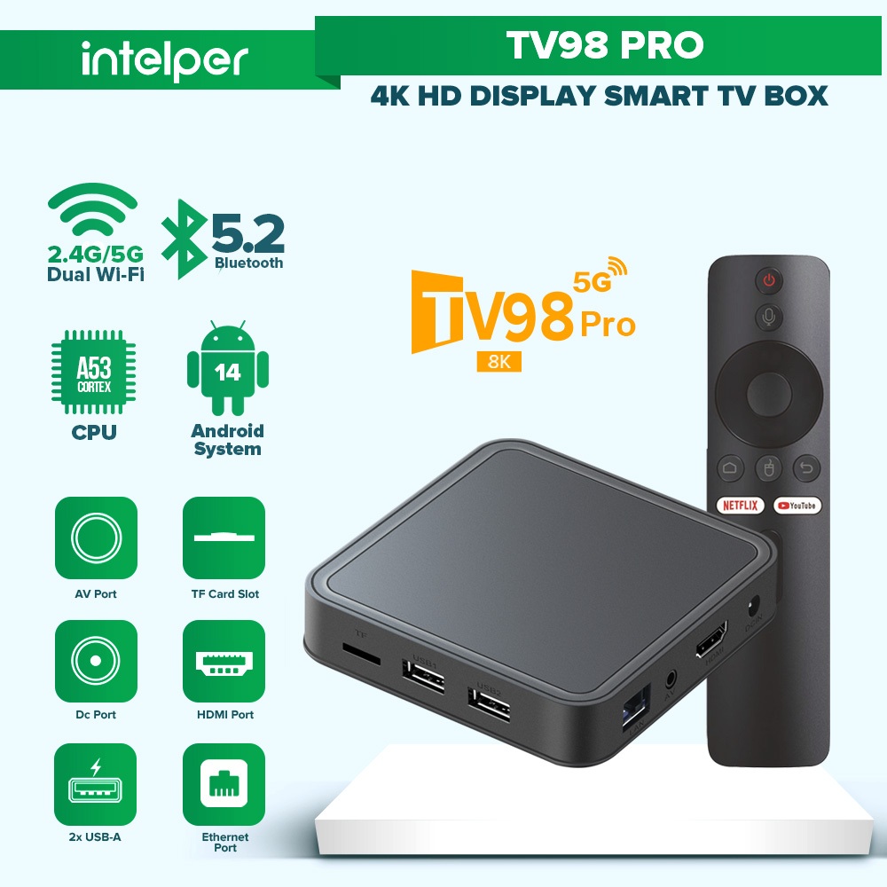 Intelper TV98 Pro 8K Android 14 TV Box 8+128GB 5G Dual WiFi BT5.2 Voice ...