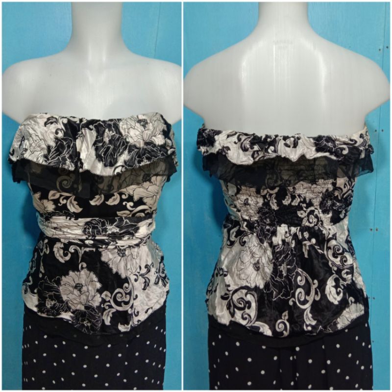 (L-sXL) Floral Black & White Formal Wear Tube Tops Back Smock Corset ...
