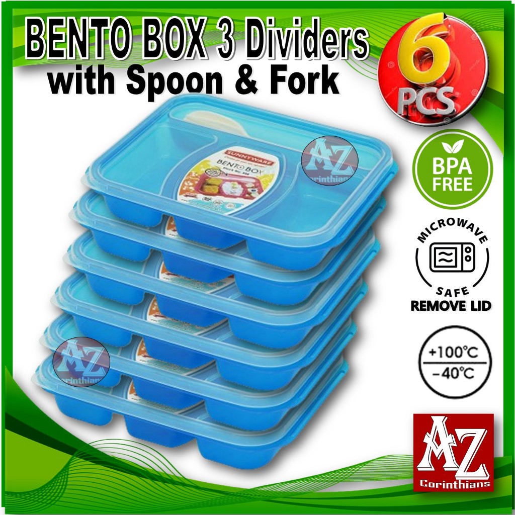 6 pcs-Sunnyware Bento Box 3 Divisions Lunch Box w/ Spoon Fork | Shopee ...