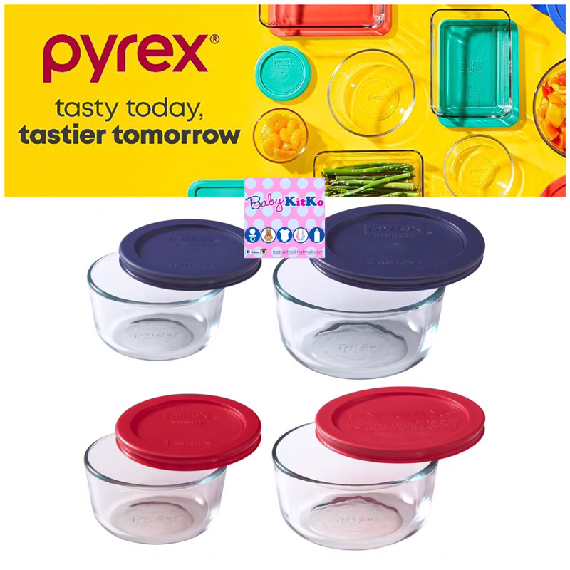 Pyrex Glass Food Storage Container with Red or Blue Lid 1-Cup or 2-Cup ...