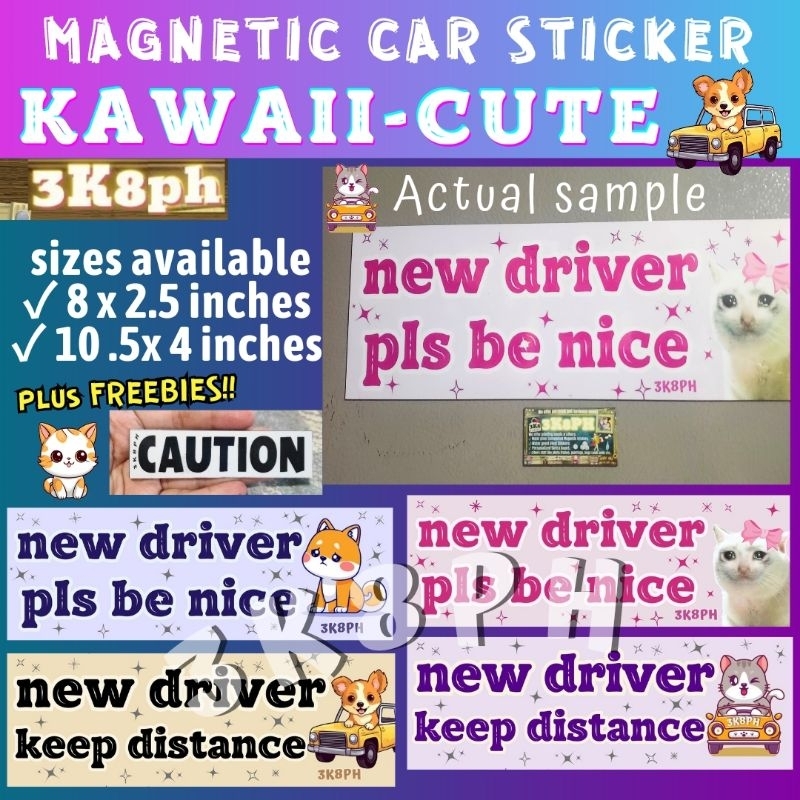 CUTE KAWAII NEW DRIVER MAGNETIC CAR STICKER - DOG NEW DRIVER & CAT NEW ...