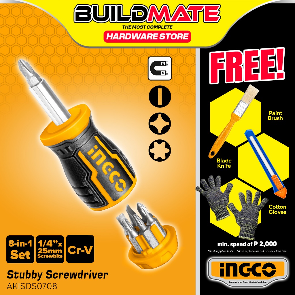 BUILDMATE Ingco 8 in 1 25mm Stubby Screwdriver Set Flat & Philip Screw Driver Tool Kit - HT2 ...