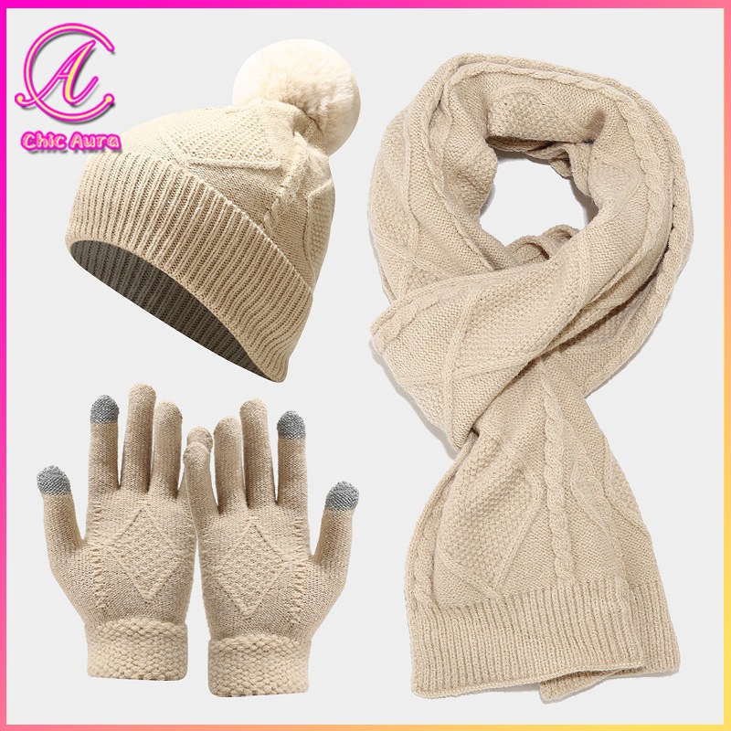 Winter Warm Knitted Scarf Beanie Hat Gloves Set Men & Women Soft ...