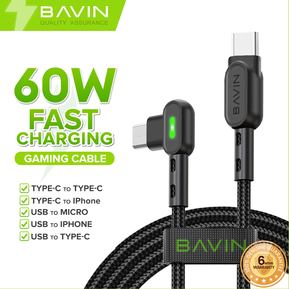 BAVIN CB258 60W Fast Charging LED Light Gaming Data Cable 90° Angle w ...