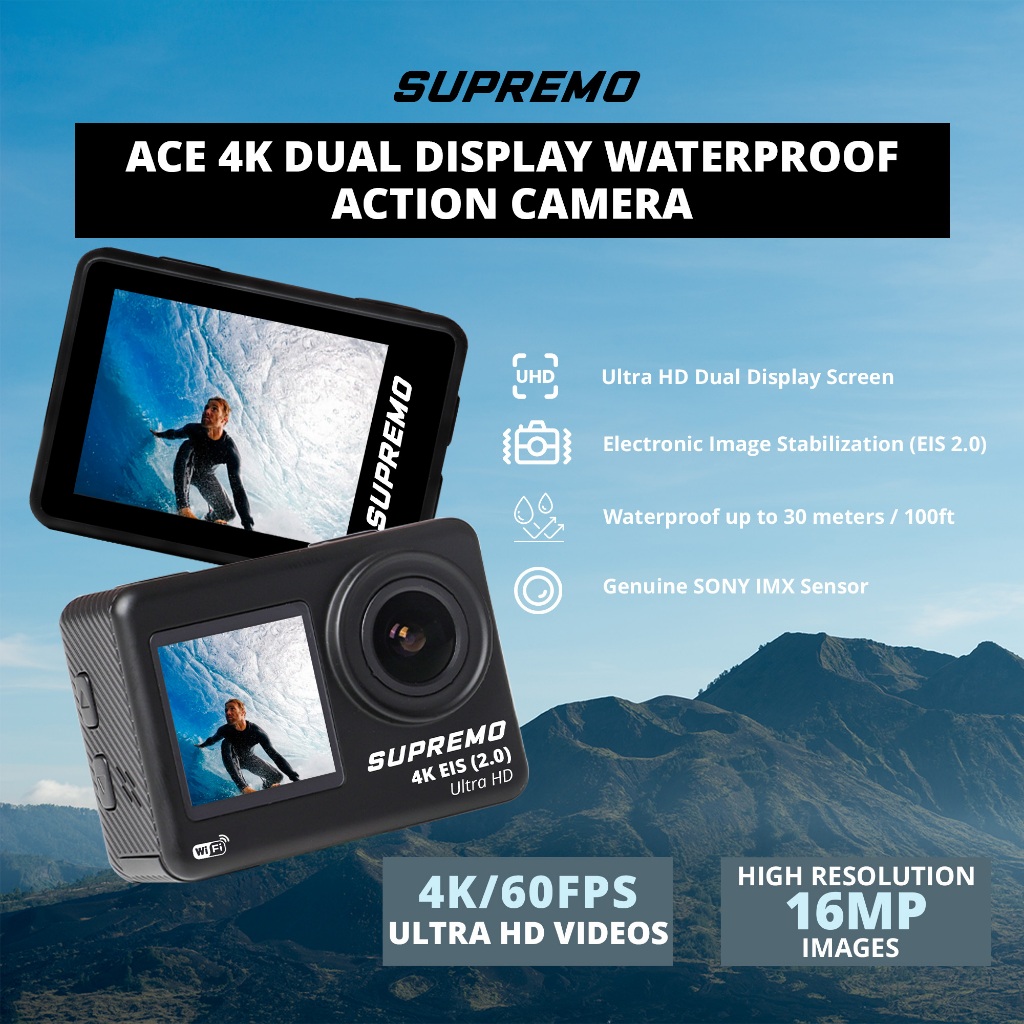 Supremo Ace 4K Dual Display Waterproof Action Camera 4K/60FPS Remote ...
